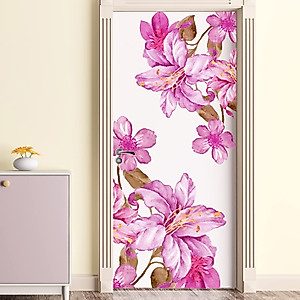 Giant Pink Flowers Wall Decals Lily Floral Wall Stickers DIY Removable Large Peach Blossom Brown Leaf Wall Art Decor for Kids Girls Bedroom Living Room Nursery Playroom Office Decoration DT-129