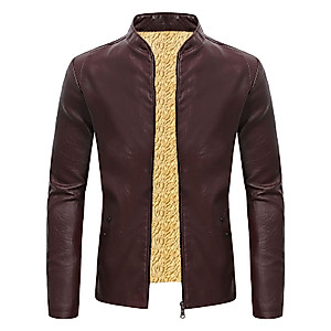 Maiyifu-GJ Men's Stand Collar Faux Leather Jacket Casual Fleece Lined Motorcycle Jackets Lightweight Vintage Outwear Coat (Red,3X-Large)