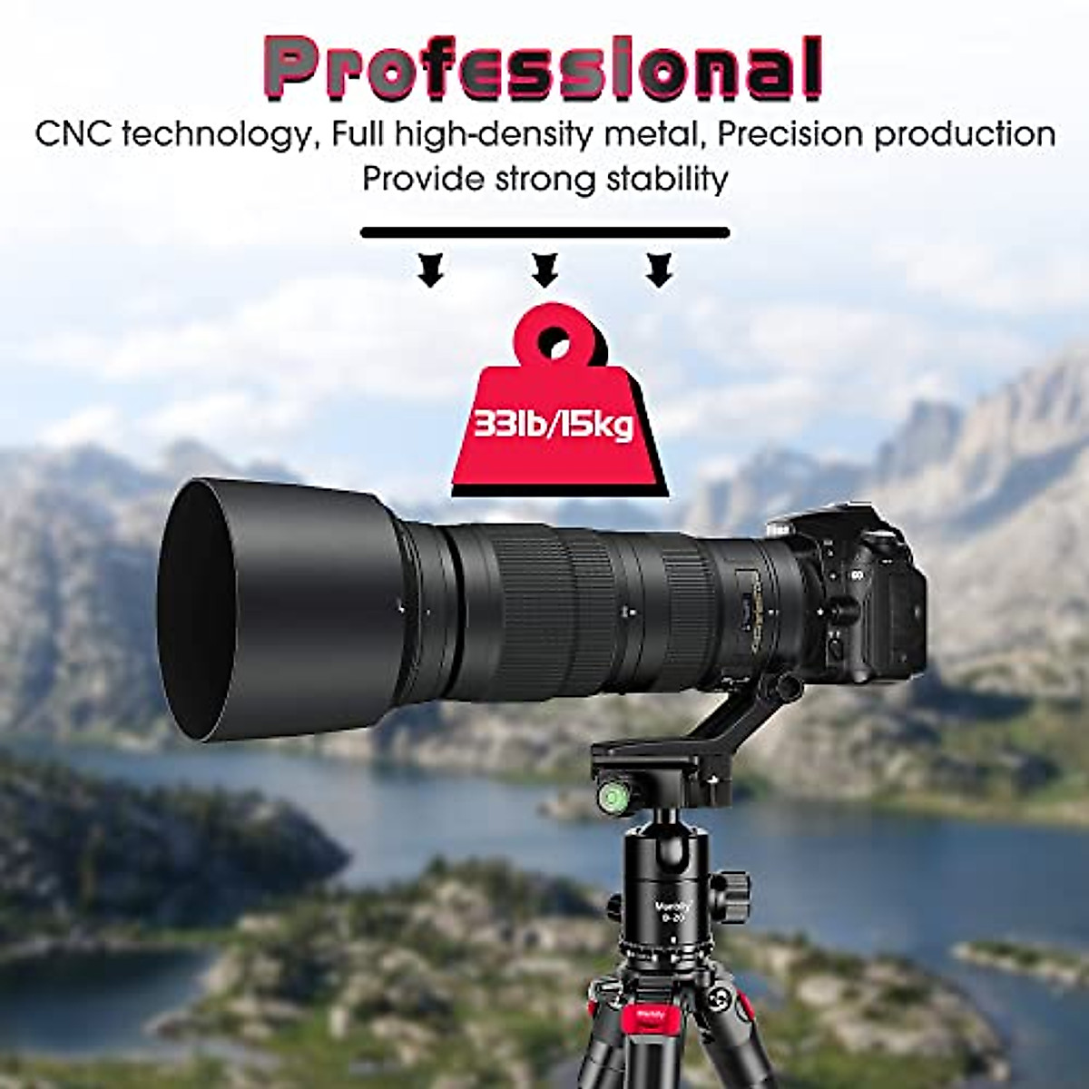 Manbily Professional Tripod Ball Head,Super Long Lens Does Not Easy Nod or Sag,Rotate 360 Degrees,Quick Release Plate and Level Gauge,CNC Metal Aluminum,for DSLR,Camcorder,monopod,Up to 33lbs/15kg