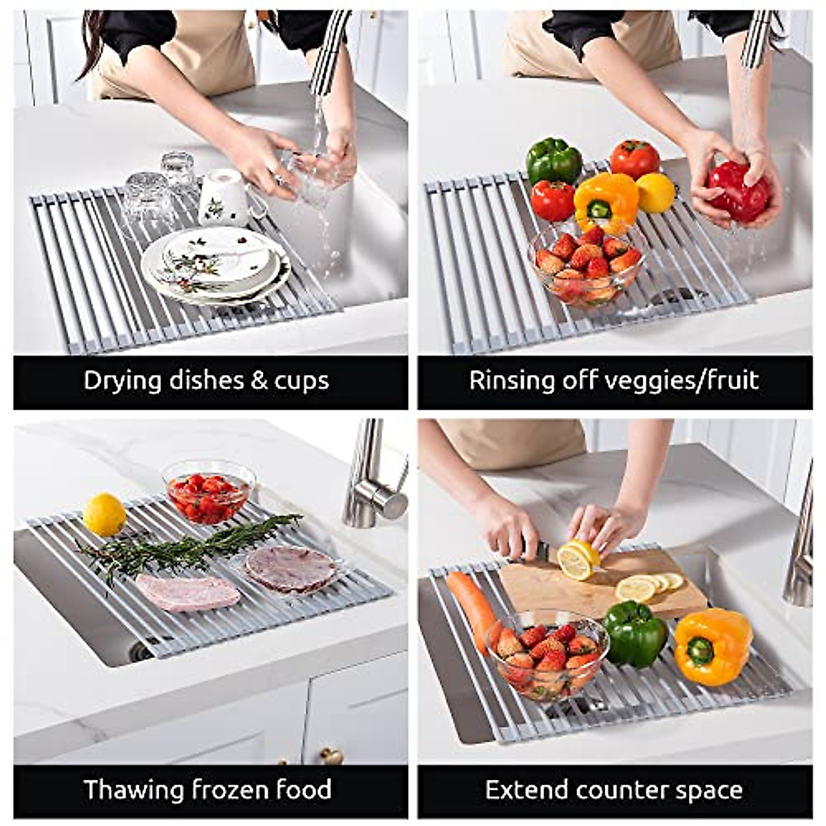 U-Taste Roll Up Dish Drying Rack 16.5 by 13.7 Inches, Over The Sink Foldable Multipurpose Silicone Dish Drainer Warm Gray, Small