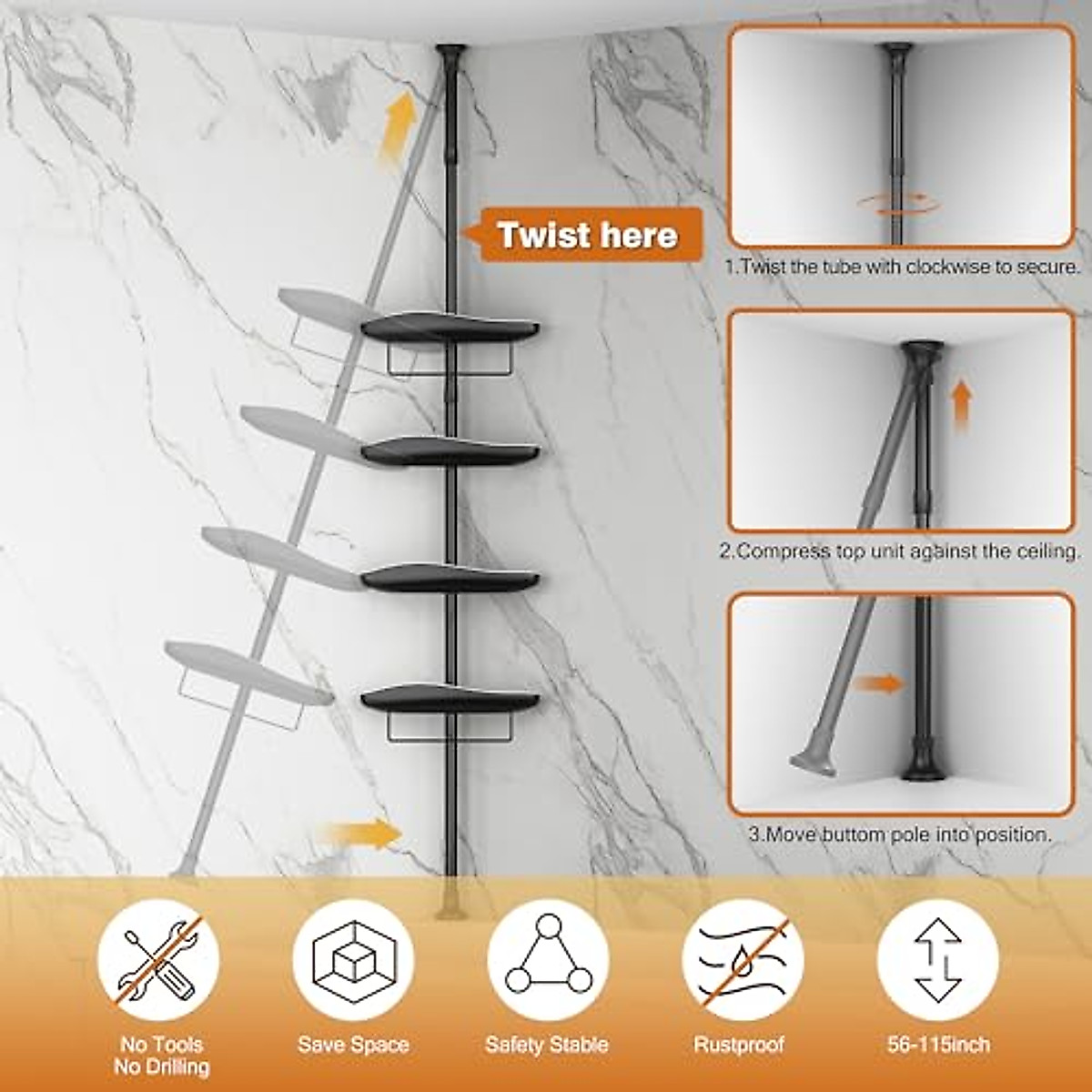 Epicano Shower Caddy Corner,56 to 115.7inches Adjustable Tension Pole Shower Caddy Stand, Rustproof 304 Stainless Steel Pole for Bathroom, Bathtub Storage Organizer,4-Tier, Black and White