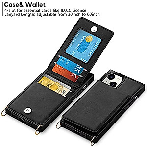 Vofolen Compatible with iPhone 13 Wallet Case with Credit Card Holder Lanyard Crossbody Strap Leather Magnetic Clasp Kickstand Heavy Duty Protective Square Flip Cover for iPhone 13 6.1 Black