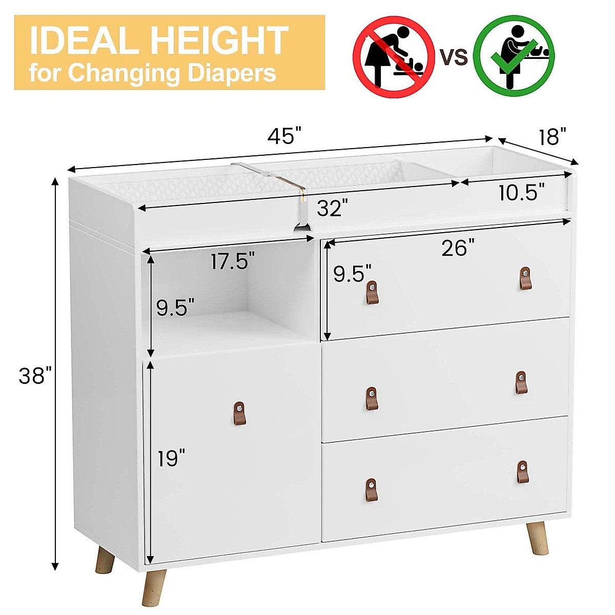 BANIROMAY Baby Changing Table Dresser, Baby Nursery Dresser with Drawers, Hidden Trash Storage, Diaper Changing Table(White + Wood)