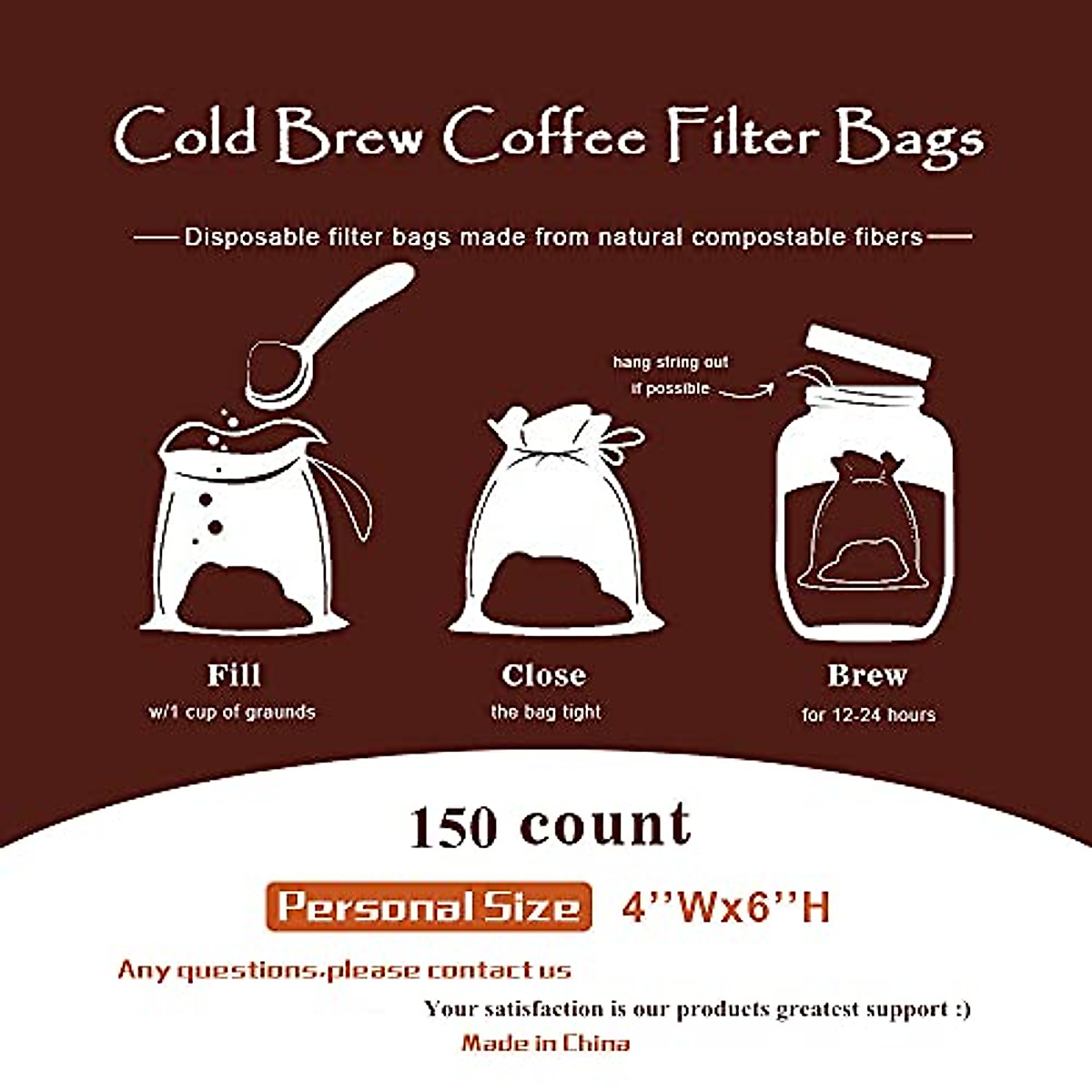 No Mess Cold Brew Coffee Filters - 150 Count Single Use Filter Bags Disposable Fine Mesh Brewing Bags for Concentrate, Iced Coffee Maker, French/Cold Press Kit, Hot Tea in Mason Jar or Pitcher 4"x 6"