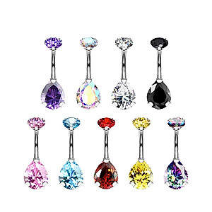 Pierced Owl 14G Implant Grade Titanium Internally Threaded Top Prong Set Double CZ Pear Navel Belly Button Ring (Aurora Borealis)