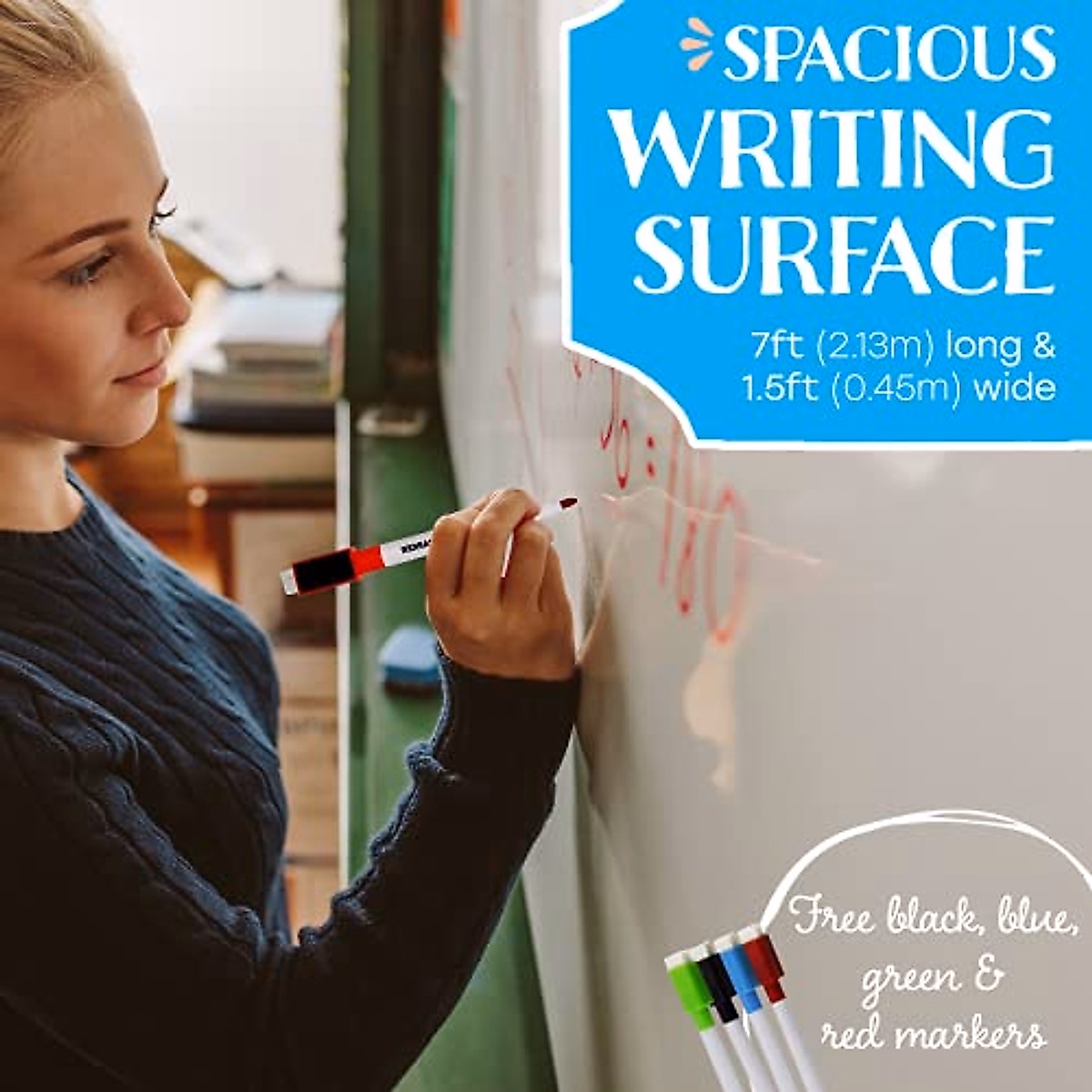 MMFB White Board Sticker Dry Erase, Chalkboard Wallpaper Stick and Peel Adhesive Roll with 4 Ery Erase Chalk Markers for Wall, Tables, Schools, Home (17.8" X 84", 1 Pack)