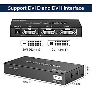 DVI Splitter 1 in 2 Out 2 Port DVI Dual Monitors Distribution Duplicator Video Splitter Support EDID Management Resolution up to 4K30Hz for PC Laptop DVR Projector HDTV