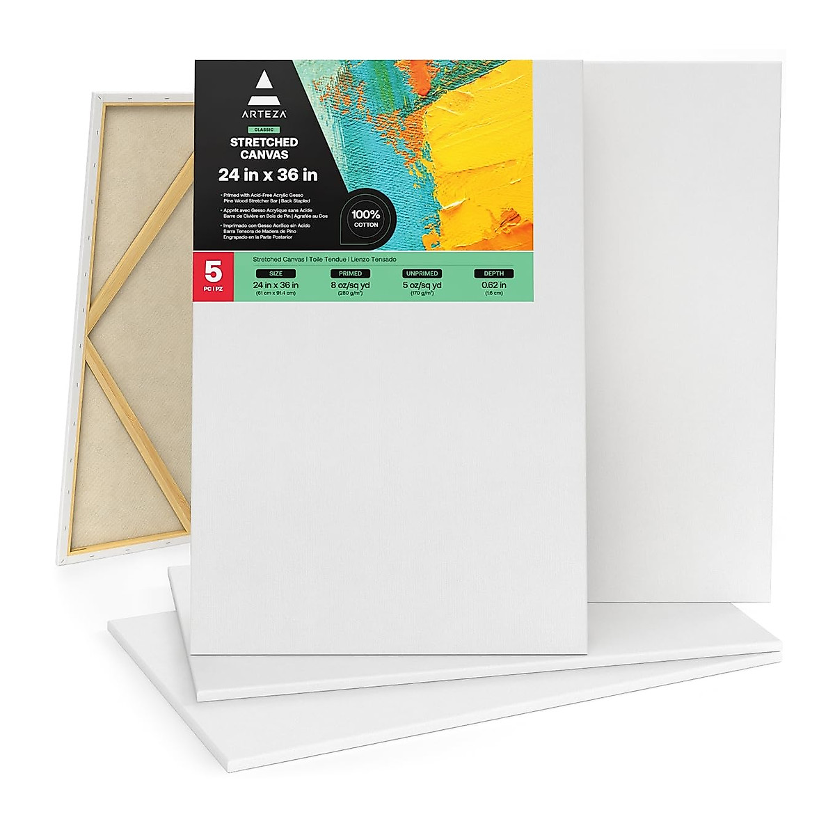 ARTEZA Stretched Canvas, 24 x 36 Inches, Pack of 5, Blank White Large Canvas for Painting for Acrylic, Oil and Gouache Paints