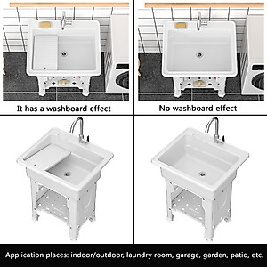 Freestanding Plastic Laundry Sink with Washboard, W25.4" x D22" x H31.5" Indoor and Outdoor Utility Sink with Cold and Hot Water Faucet, Hoses and Drain Kit for Laundry Room, Garage, Basement, Garden