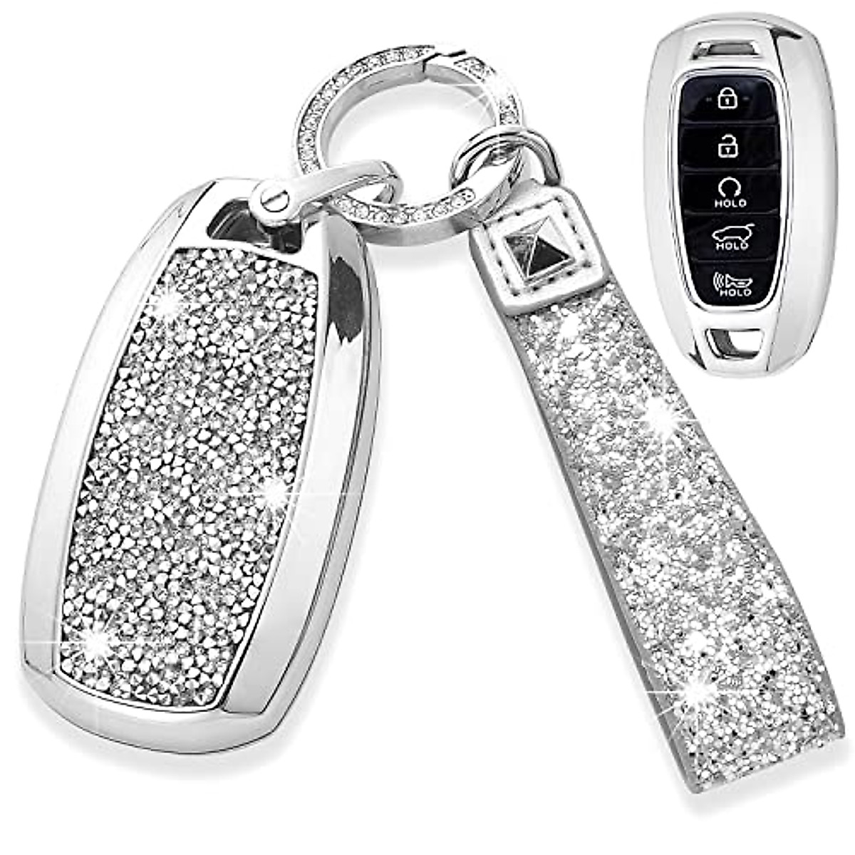 Royalfox(TM) 3 4 5 buttons 3d bling diamond fashion crystals smart remote Key Fob case Cover For Hyundai i30 Azera ix35 Elantra Accent Santa Fe IG Grandeur,2017-2022 Hyundai Palisade keychain (silver)