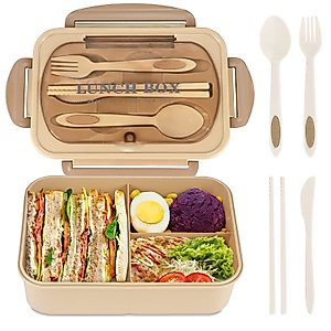 NatraProw Bento Box for Adult, 1200 ML Lunch Containers, LeakProof Lunch Box with Utensils, BPA Free, 3 Compartment Bento Box Microwave Safe, Khaki