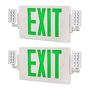 EXITLUX 2 PACK LED Green Emergency Exit Sign Lighting Combo with Battery Backup&Adjustable Two Head-US Standard UL Listed -Hardwired-Operated Powered Exit Sign for Room,Street,Window.Stairs.