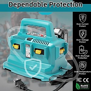 【Charge Choose Button & Wall Hole】 Replacement 6 Port Charger for Makita 18V Six Port Lithium-Ion Charger Fast Charge with Power Button,6 LED Indicators