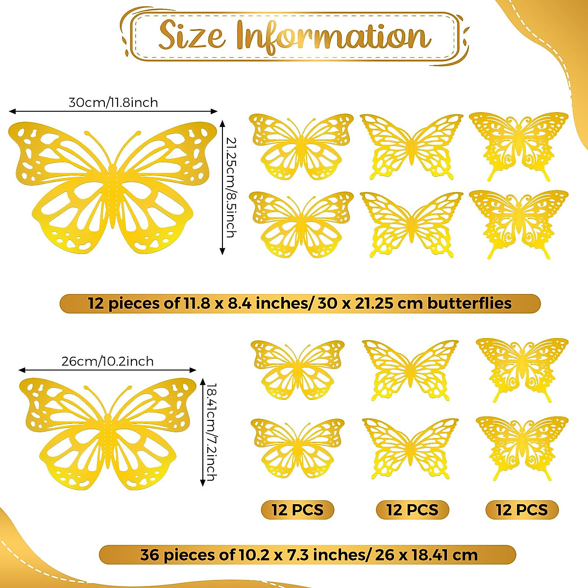Yeaqee 48 Pcs Large Butterfly Party Decoration 3D Butterflies Wall Decor Set 2 Sizes 3 Styles Large Stickers for Birthday Baby Shower Nursery Bedroom Wedding Decor Cutouts (Gold)