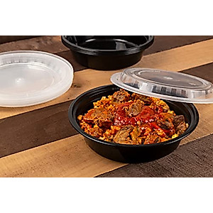 AmerCare 7 Inch Round Black Plastic Containers with Lids, 32 Ounces for Microwave or Freezer, Pack of 150