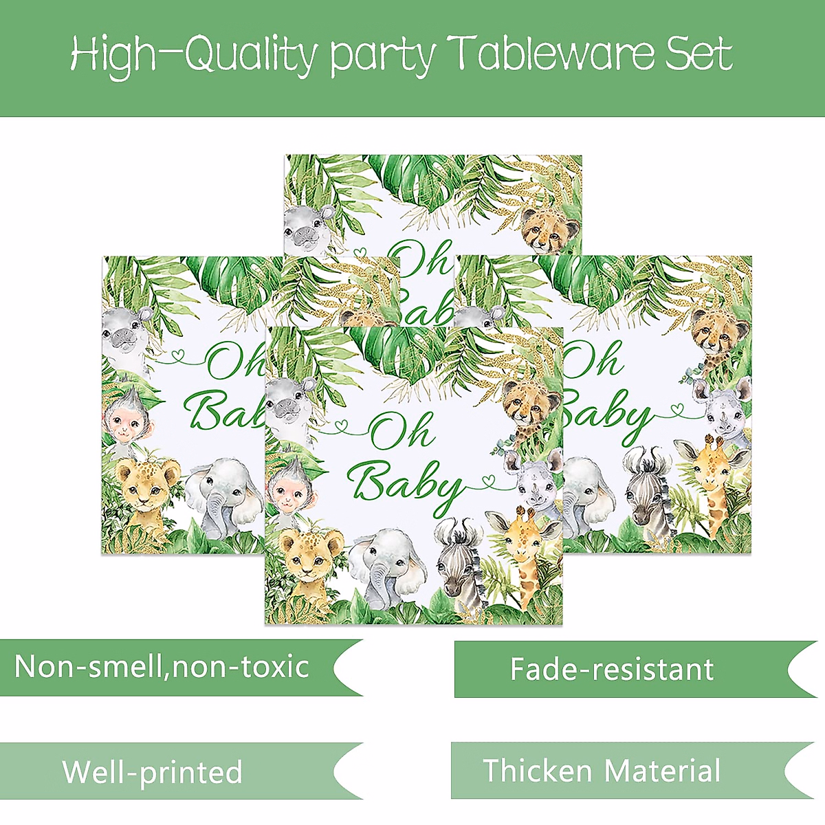 Jungle Safari Baby Shower Decorations Tableware Set Serves 24, Green Animals Paper Plates, Napkins, Paper Cups for Baby Boy Wild One Birthday Baby Shower Party Supplies