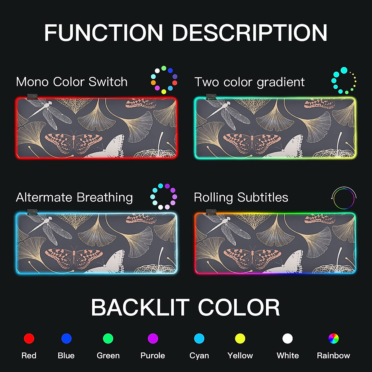 Large RGB Gaming Mouse Pad Floral Pattern Ginkgo Leaves Glowing Extended Mousepad 35.4x15.7in, Soft Anti-Slip Rubber Base Luminous Mouse Mat for Pc Laptop, Gaming, Office, Home