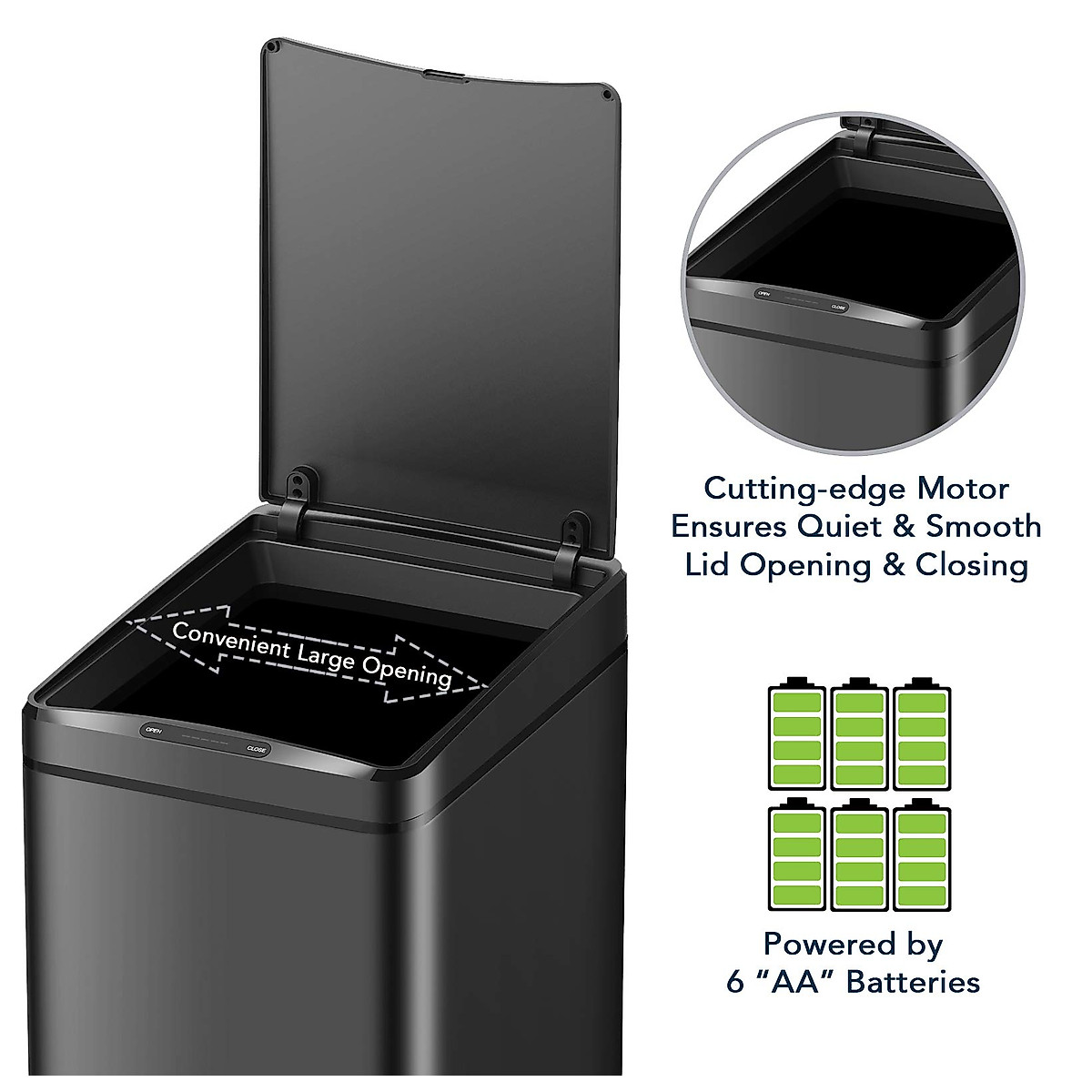 CozyBlock Automatic Trash Can for Kitchen, Black Steel Touchless Motion Sensor Bin, Wide Opening Soft Close Lid, LED Countdown Timer (13 Gallon- Slim Design)