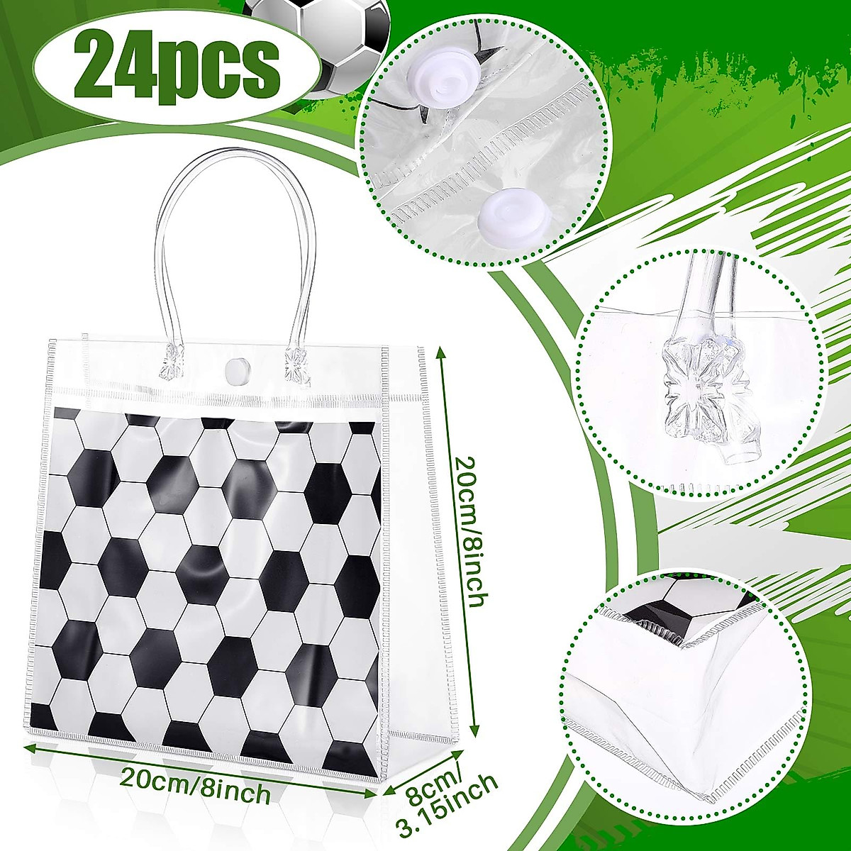 Sweetude 24 Pieces Soccer Gift Bags with Handles 8x8x3.15 Inch Soccer Party PVC Treat Bags Soccer Clear Favor Bags Sports Theme Birthday Party Favor Bag Bulk for Sports Party Competition