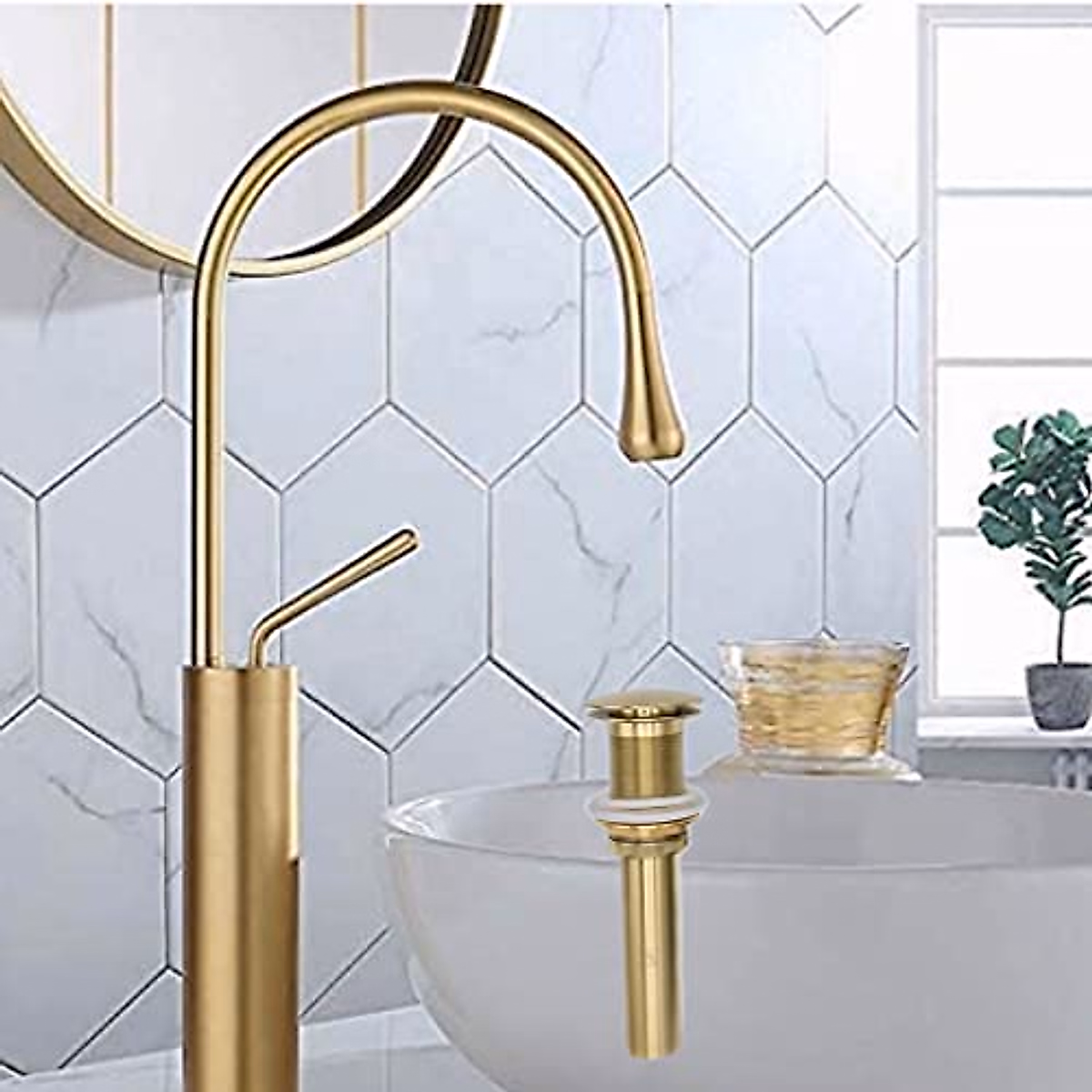 Luxury High Arc Single Handle One Hole,Tall Modern Bathroom Vessel Sink Faucet, Solid Brass Lavatory Vanity Faucet, Free Pop Up Drain Assembly and Water Hoses. cUPC Certified (Brushed Gold)