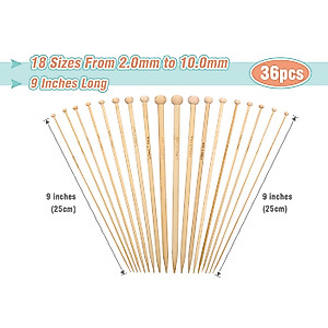 LIHAO 36 PCS Bamboo Knitting Needles Set (18 Sizes From 2.0mm to 10.0mm)