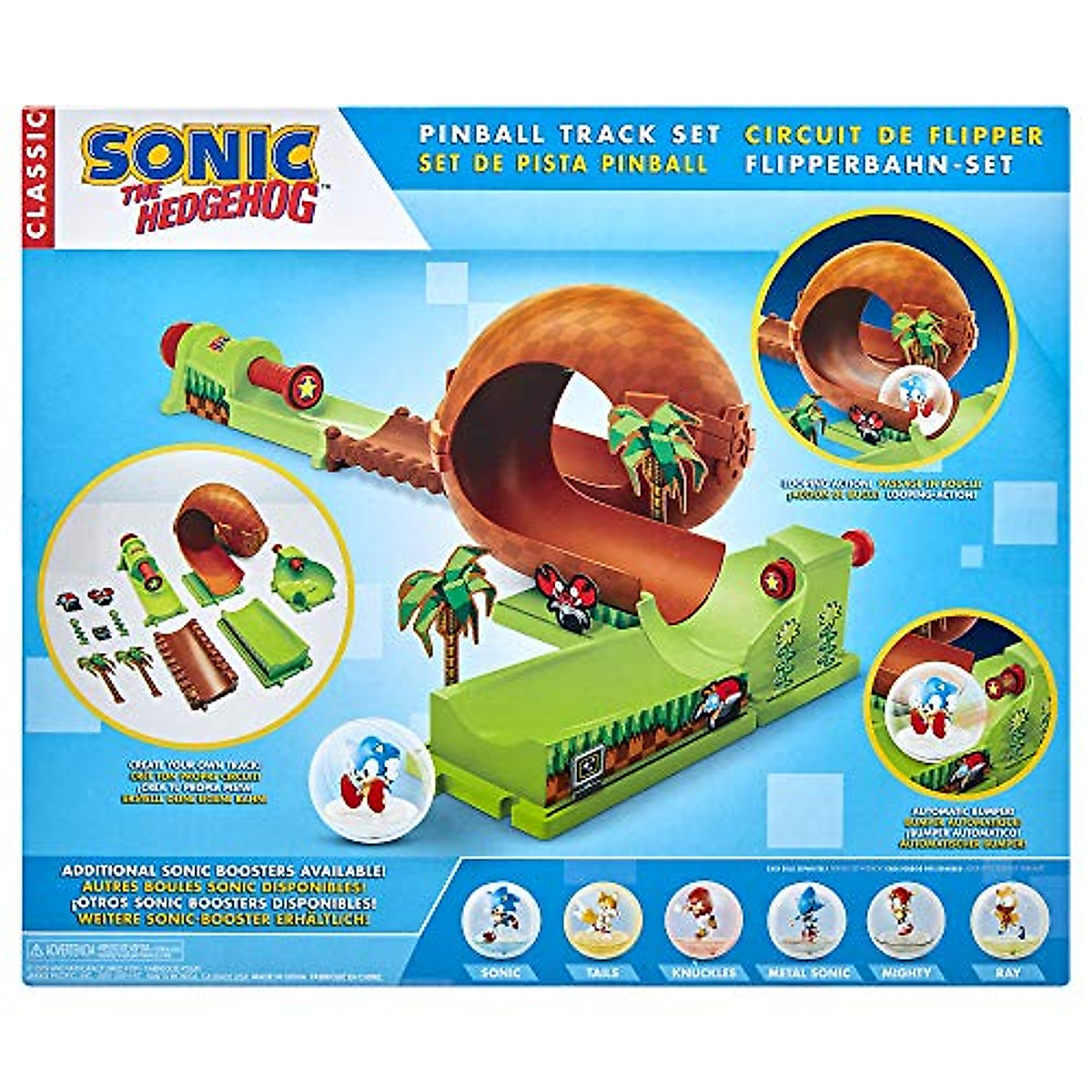 Sonic The Hedgehog Pinball Green Hill Zone , Track Play Set, 9 Piece, with Looping Action & Automatic Bumper Exclusive Sonic Sphere Included, for Ages 3+