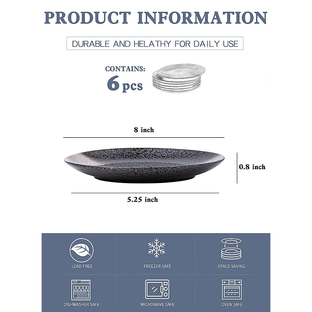 Kanwone Ceramic Dessert Salad Plates - Set of 6, 8 Inch, Kitchen Round Plates for Dessert, Salad, Snacks, Appetizers, Steak, Microwave, Oven and Dishwasher Safe, Black Glazed