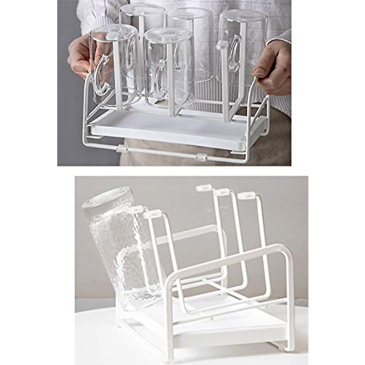 YEAVS Cup Drying Rack with Drain Tray, Bottle Drying Rack Stand with 6 Hooks, Mug Organizer (White)
