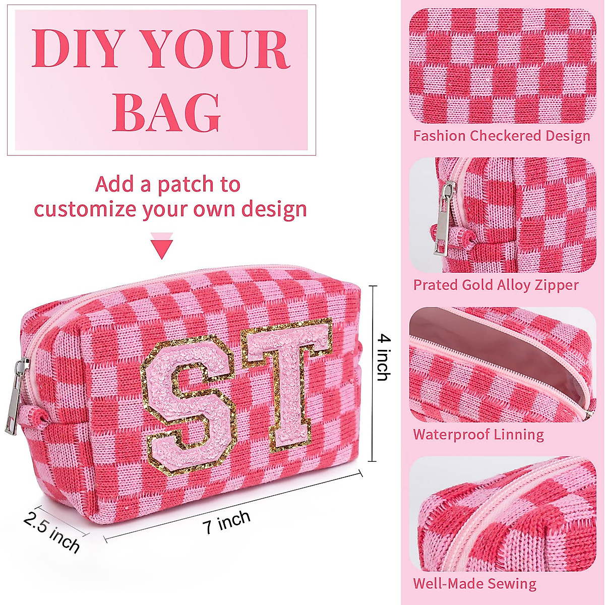 6 Pcs Preppy Makeup Bag Bulk Checkered Cosmetic Bag Pink Makeup Pouch Personalize Travel Toiletry Bag Organizer Cute DIY Makeup Brushes Storage Bag for Women