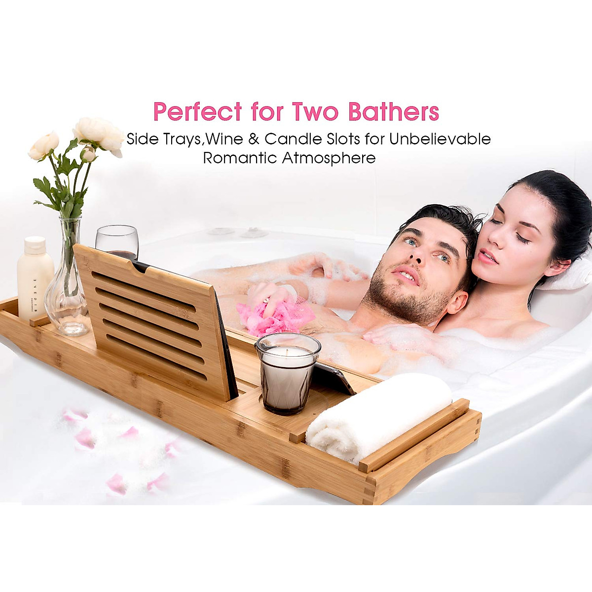 HBlife Bamboo Bathtub Caddy Tray with Extending Sides & Laptop Desk with Foldable Legs,Cellphone Tray and Wineglass Holder，Free Soap Holder (Natural)