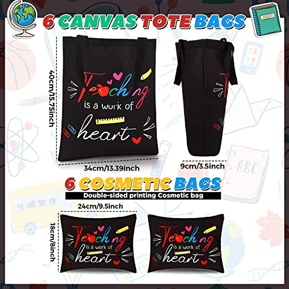 Kacctyen 12 Pcs Teacher Graduation Appreciation Gifts 6 Teacher Canvas Totes Bag 6 Makeup Pouch Cosmetic Bags Teacher Gifts (Teaching is a Work of Heart)