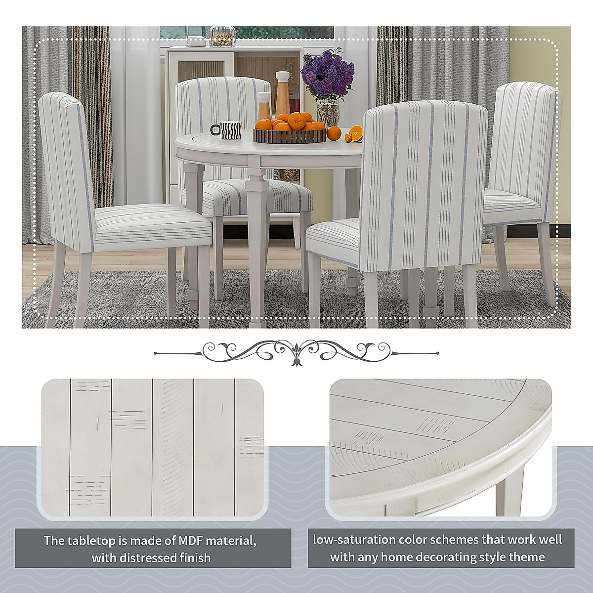 FIQHOME 5 Pieces, Round Solid Wood Legs and 4 Striped Fabric Upholstered Chairs, Set for 4, Dining Table for Small Spaces, Apartment,White