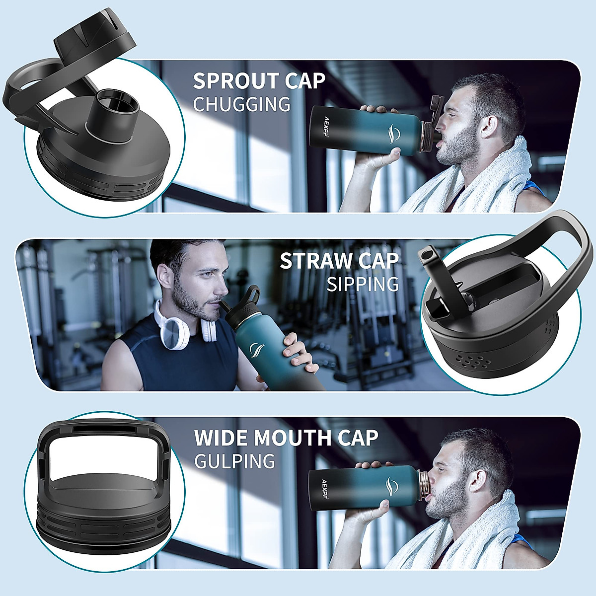 AEXPF 40 oz Insulated Water Bottle, Stainless Steel Vacuum Sports Water Bottle with 3 Lids, Durable Leakproof Metal Thermos, BPA-free Water Flask Jug with Strap, 2pc