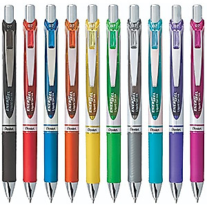 Pentel EnerGel 0.7 MM RTX Retractable Liquid Gel Pen, 10 Pack of New Assorted ink Colors, Metal Tip, Medium Line, Quick Dry No Smear