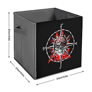 Compass Pirate Skull Foldable Storage Bins Printd Fabric Cube Baskets Boxes with Handles for Clothes Toys, 11x11x11
