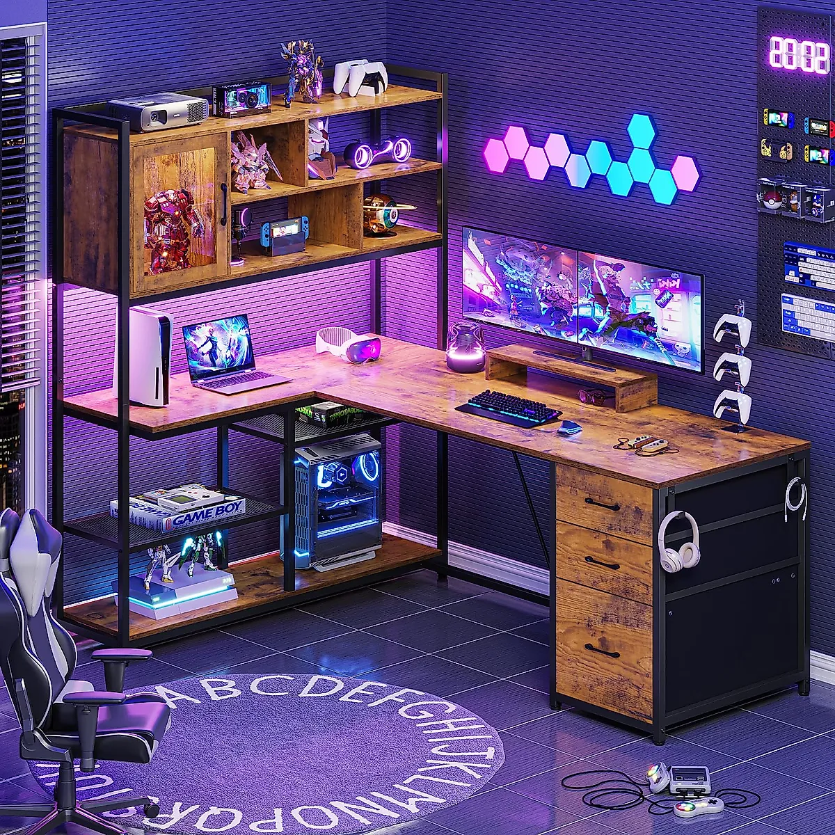SEDETA L Shaped Computer Desk, 58'' Office Desk with 3 Drawers and Bookshelf, L Shaped Corner Desk with Storage Shelves and LED Light for Home Office, Gaming Desk, L Desk, Rustic Brown