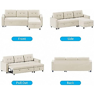 Mjkone Pull Out Sofa Bed, Sectional Sleeper Sofa with Storage, 3 Seat Couch with Chaise Lounge, Velvet Couch with Pull Out Bed, L Shaped Sectional Sofa Couches for Living Room Apartment, Beige