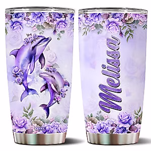 WONWIX Personalized Dolphin Tumbler Customized Name Dolphins Coffee Mug Gifts For Women Girls Custom Water Bottle Mugs 20oz Gift For Adults Christmas Birthday Insulated Stainless Steel Cup With Lid
