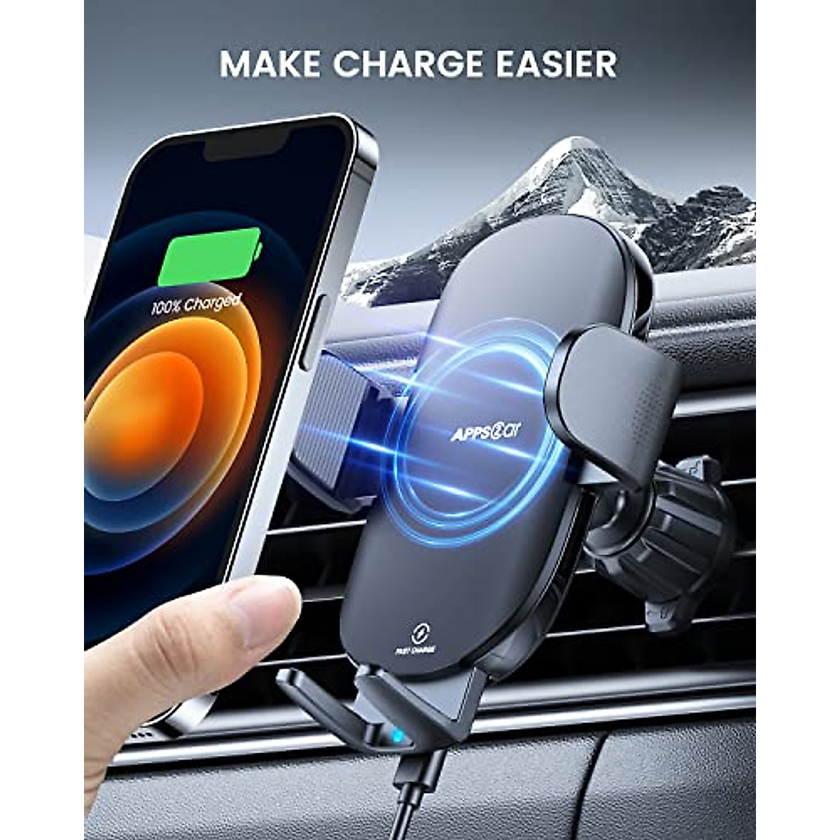 APPS2Car Wireless Car Charger Mount Vent, 15W Fast Charging Wireless Car Phone Charger, Compatible with iPhone 14 Pro/14, Samsung Galaxy S22/S21/S20, etc.
