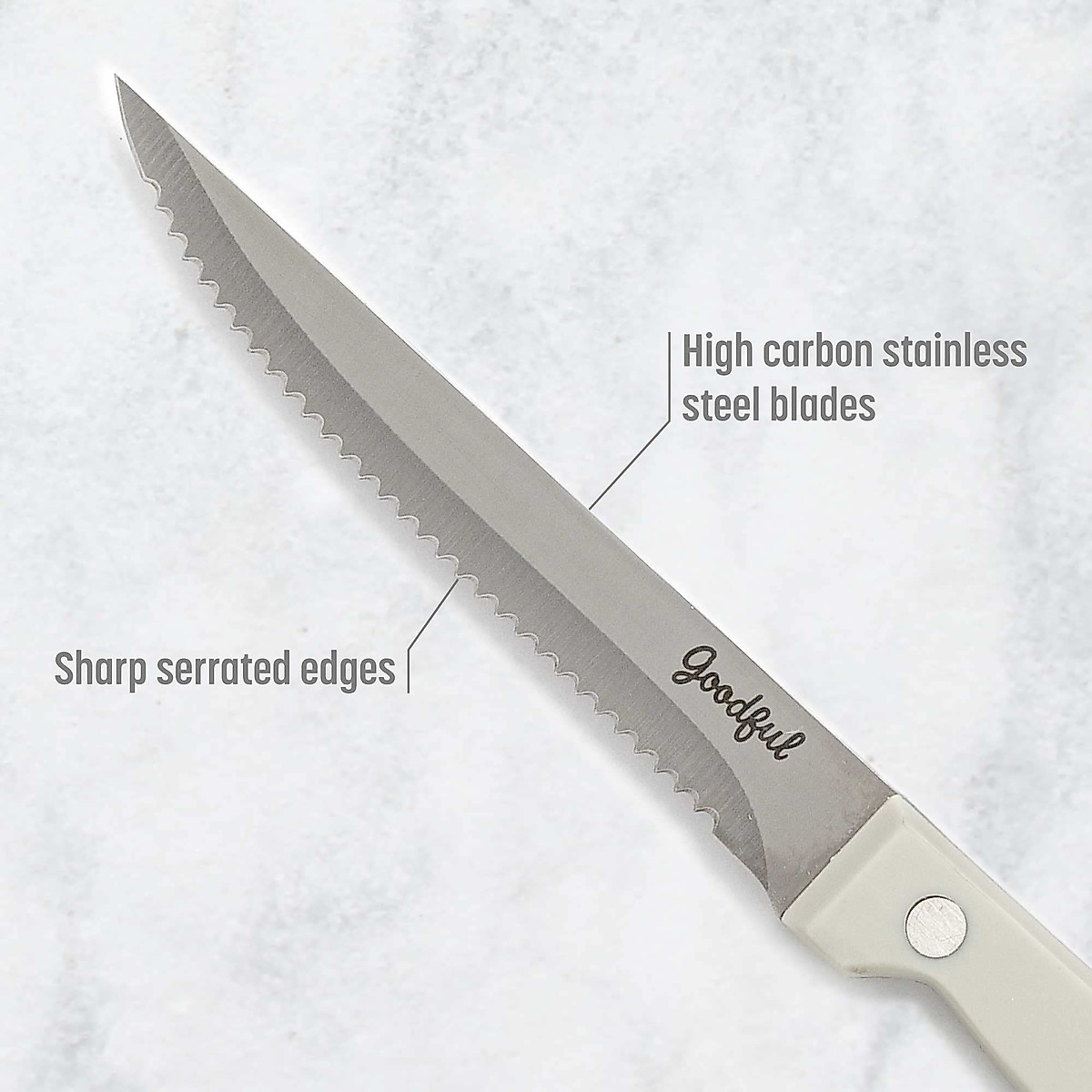 Goodful Premium Cutlery Steak Knife Set, High Carbon Stainless Steel, Full Tang, Triple Riveted Handles, 6-Piece, Cream