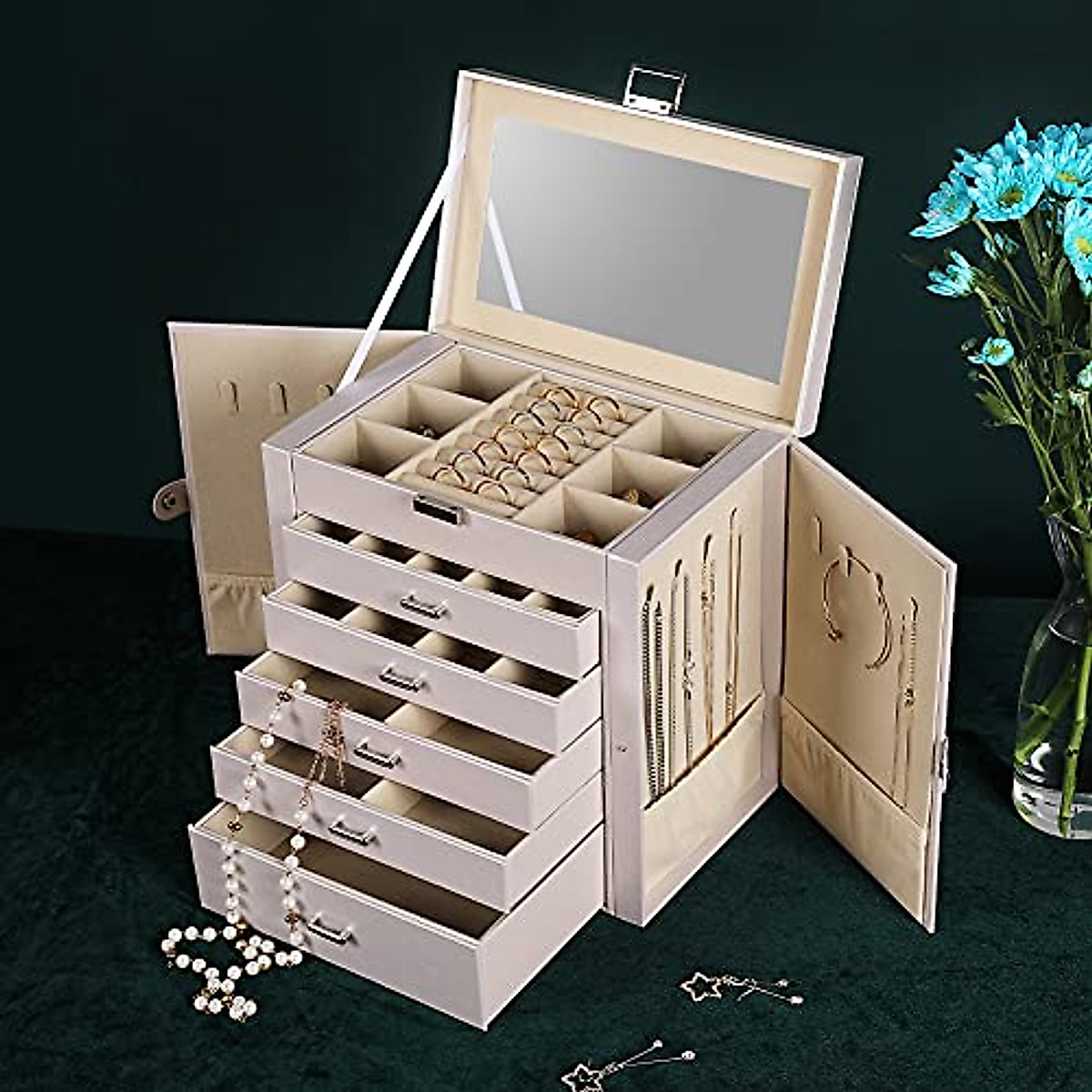 Frebeauty Large Jewelry Box,6-Tier PU Leather Jewelry Organizer with Lock,Multi-functional Storage Case with Mirror,Accessories Holder with 5 Drawers for Earrings Necklace Bracelets (Pearl White)