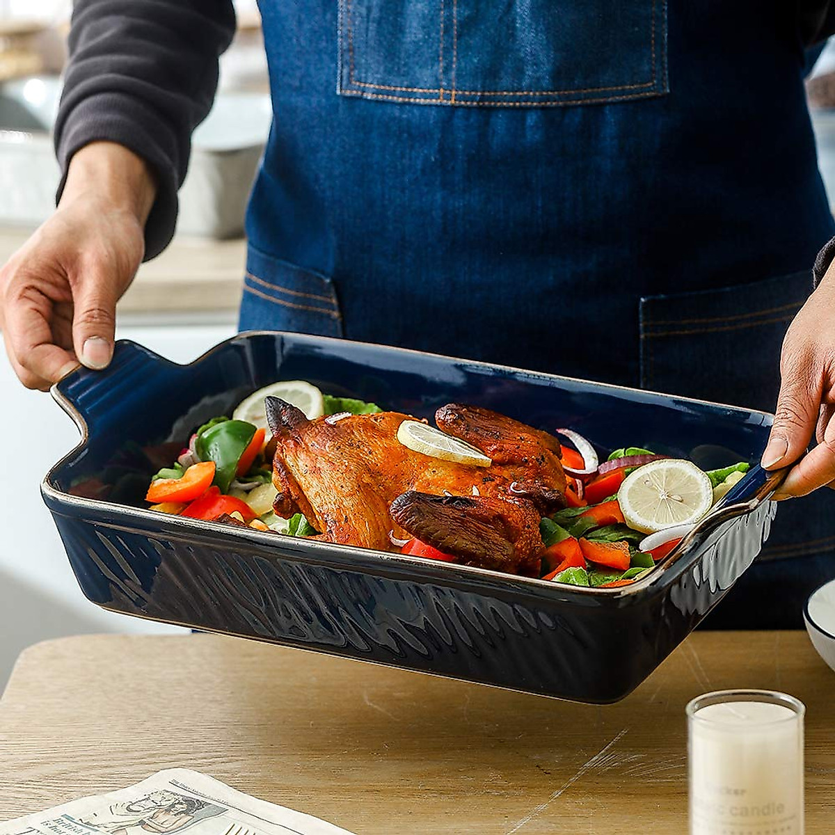 KOOV Individual Lasagne Pan Deep, Rectangular 9x13 Baking Dish, Ceramic Baking Dish, Bakeware for Tapas, Roasting, Casserole Dish for Oven, Texture Series (Aegean)