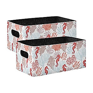 Emelivor Tropical Corals Sea Horse Storage Basket Bins Set (2pcs) Felt Collapsible Storage Bins with Fabric Rectangle Storage Organizing Baskets for Nursery Toys,Kids Room,Clothes,Towels,Magazine