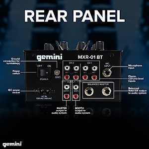 Gemini Sound MXR-01BT Professional Bluetooth 2-Channel DJ Mixer 3-Band EQ and Gain 2 Phono/Line Stereo Channels Crossfader Curve and Reverse Switches Microphone Input Headphone Output Master Outputs