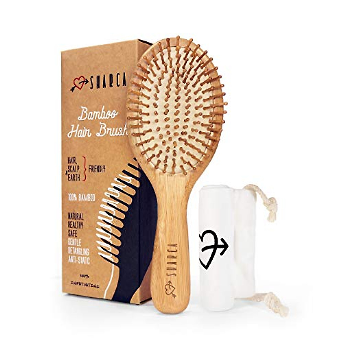 SHARCA Premium Wooden Bamboo Hair Brush with Ball Tipped Bristles from Natural Wood. Organic, Biodegradable, No plastic