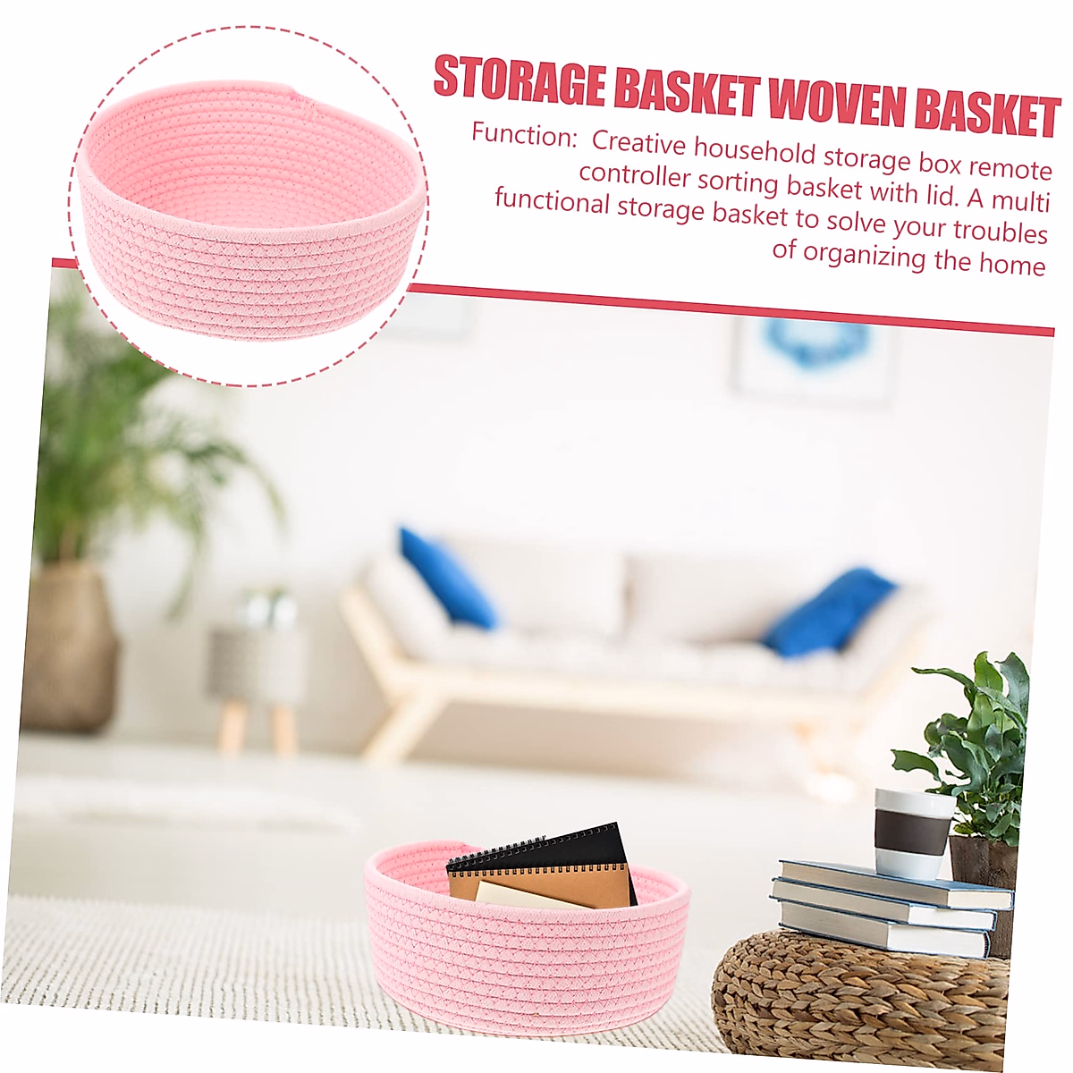 ibasenice Portable Pink Cotton Rope Woven Basket Laundry Hamper