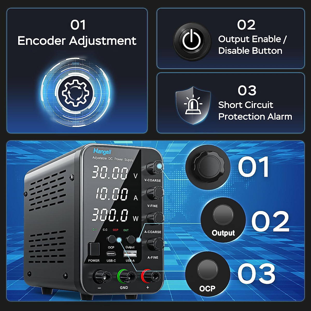 DC Power Supply Variable, 30V 10A Bench Power Supply with Encoder Coarse & Fine Adjustments Knob, Adjustable Switching Regulated lab Power Supply with 5V 3.6A USB & Type-C Quick-Charge