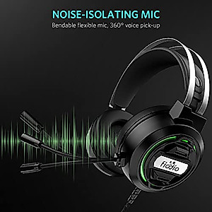 FIODIO Gaming Headset with Surround Sound Stereo for Xbox One PC Switch Tablet, Noise Cancelling Over Ear Headphones with Mic LED Light