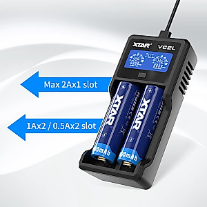 XTAR Universal Smart Battery Charger, 2 Slot, 3.7V Li-ion/Ni-MH/Ni-CD, 2.1A, LCD Display, 2 Hours Charge Time