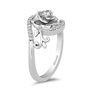 Jewelili Enchanted Disney Fine Jewelry Sterling Silver 1/5 Cttw Natural White Round Diamond Cinderella 70th Gardania Flower Fashion Ring, Size 7